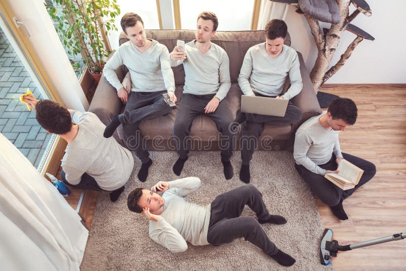 Same Man Engaged in Various Activities in the Living Room Stock Image ...