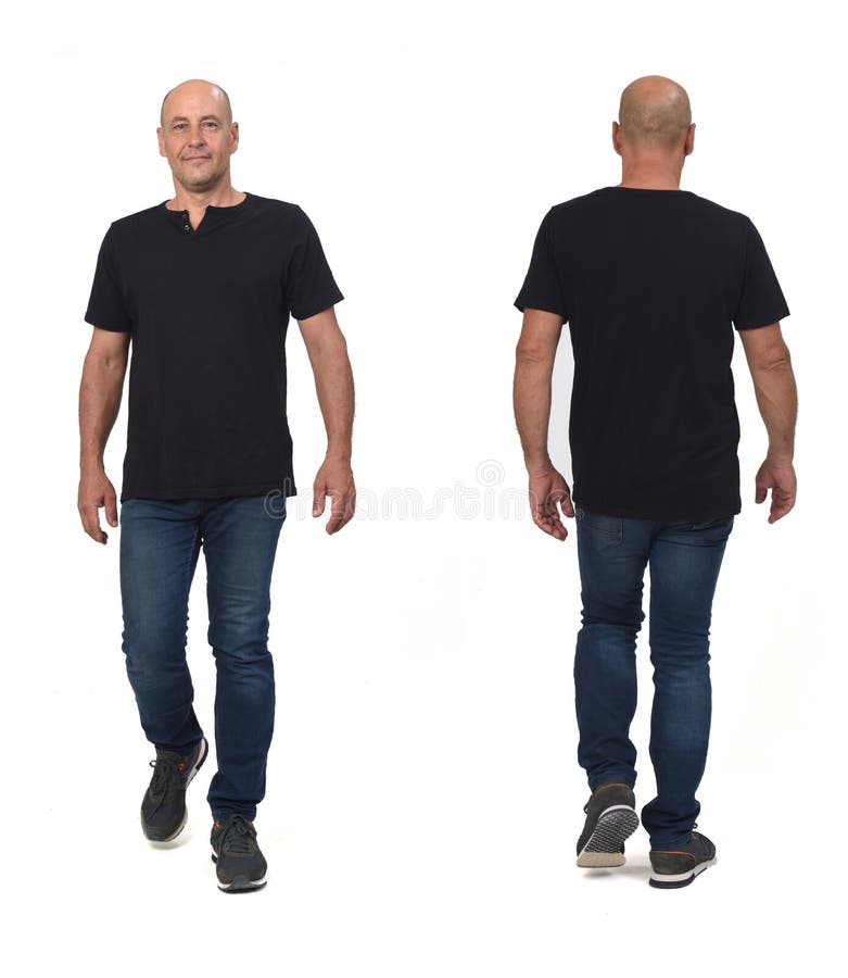 View of Same Man Walking on White, Front and Back View Stock Photo ...