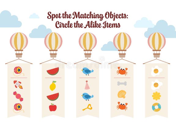 Same One Matching Object Printable Worksheet Stock Illustrations – 17 ...