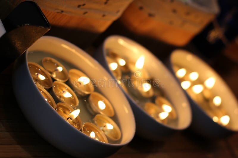 Same Tablet Candles Burns in Round Plates Stock Photo - Image of blow ...