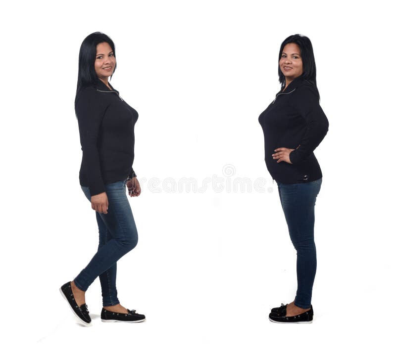 Same Woman Standing Woman Front, Side and Back View on White Background ...