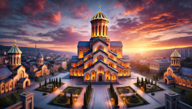 Sameba Holy Trinity Cathedral Shining at Sunset in Tbilisi, Georgia ...