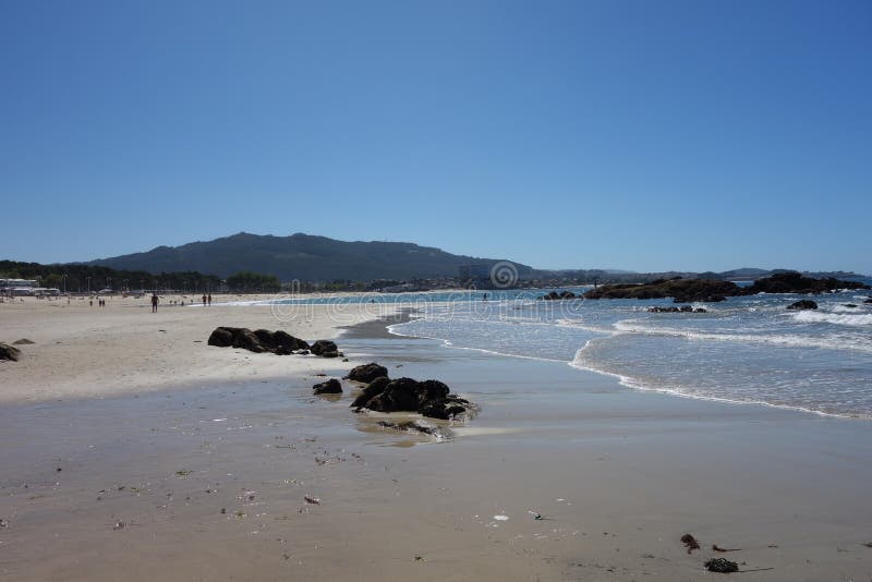 Samil Beach In Vigo With White Sand In Summer. Ocean Coast Heat ...