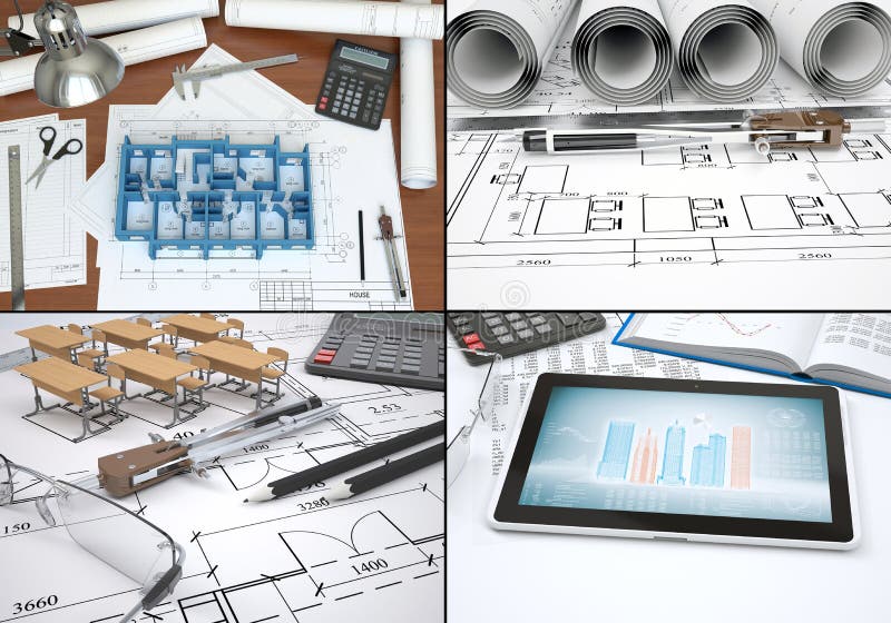 Skrivbords- arkitekt stock illustrationer. Illustration av passare ...