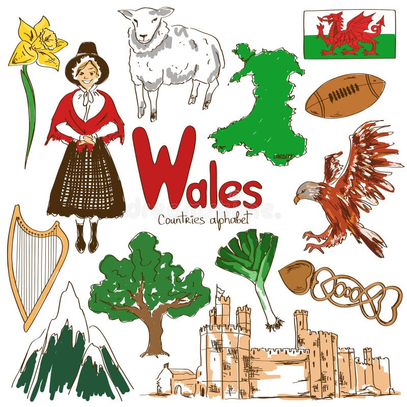 Samling av Wales symboler vektor illustrationer. Illustration av europa ...