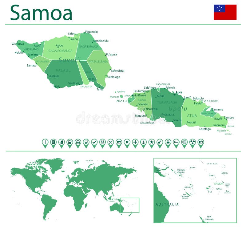 Samoa Detailed Map and Flag. Samoa on World Map Stock Vector ...