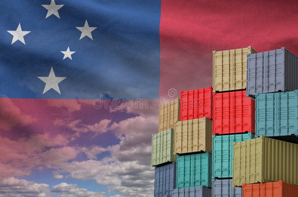 Samoa Flag and Big Stack of Shipping Cargo Containers in Docks with Sky ...