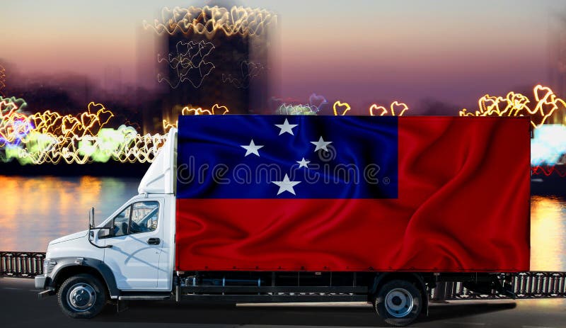 Samoa Flag on the Side of a White Van Against the Backdrop of a Blurred ...