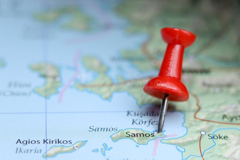 Samos Island, Greece Pin on Map Stock Photo - Image of district ...