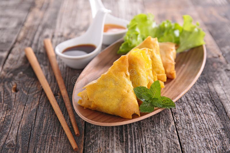 Samosa On A Plate With Sauce, Horizontal Top View Stock Image - Image ...