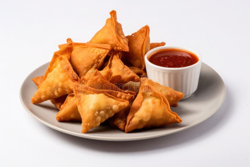 Samosa and Pakora on a Plate with Dipping Sauce Isolated on White ...