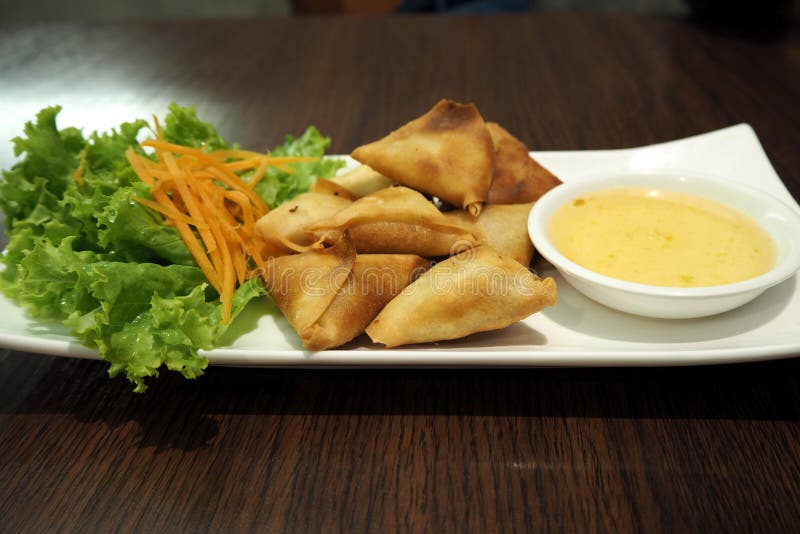 Samosa on a Plate with Sauce, Horizontal Top View Stock Image - Image ...