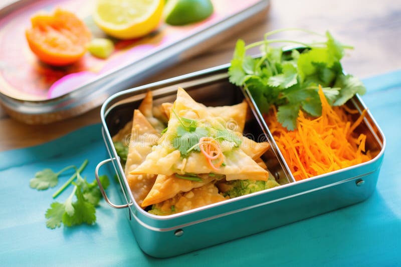Samosas in a Lunch Box with Carrot Sticks Stock Image - Image of food ...
