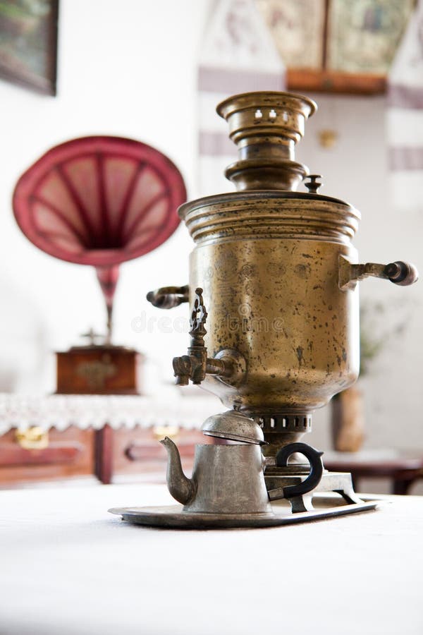 Decoration in Restaurant with Russian Samovar. Tea Drinking Table ...