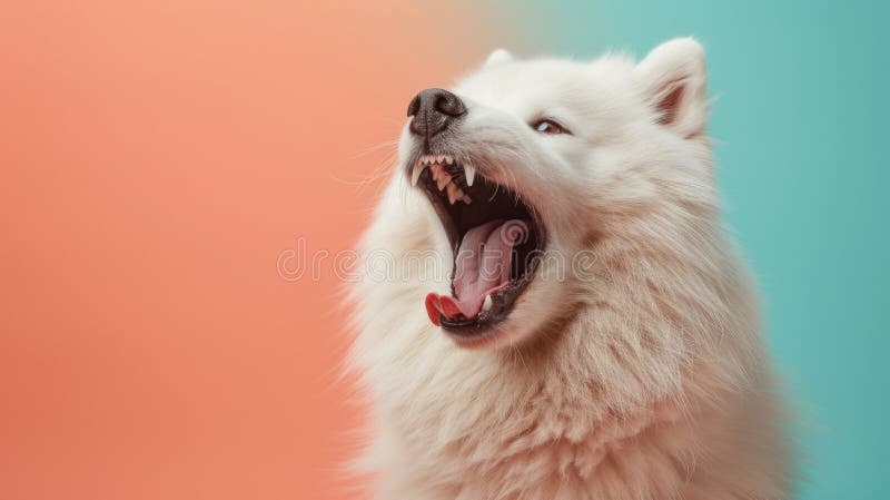 Samoyed, Angry Dog Baring Its Teeth, Studio Lighting Pastel Background ...