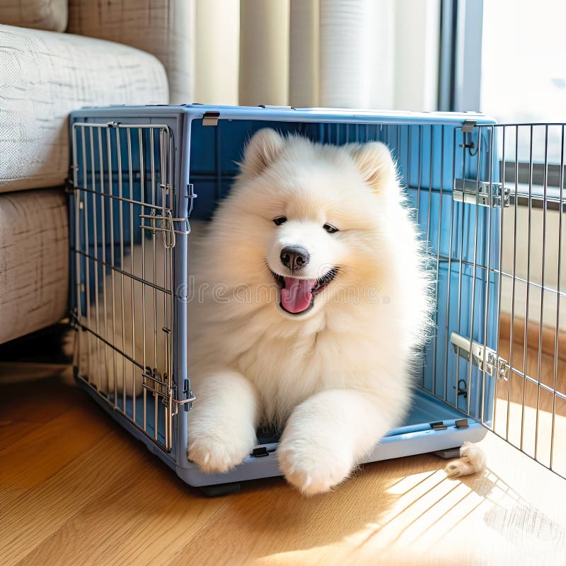 Samoyed Dog Inside Dog Crate Stock Image - Image of friend, puppy ...