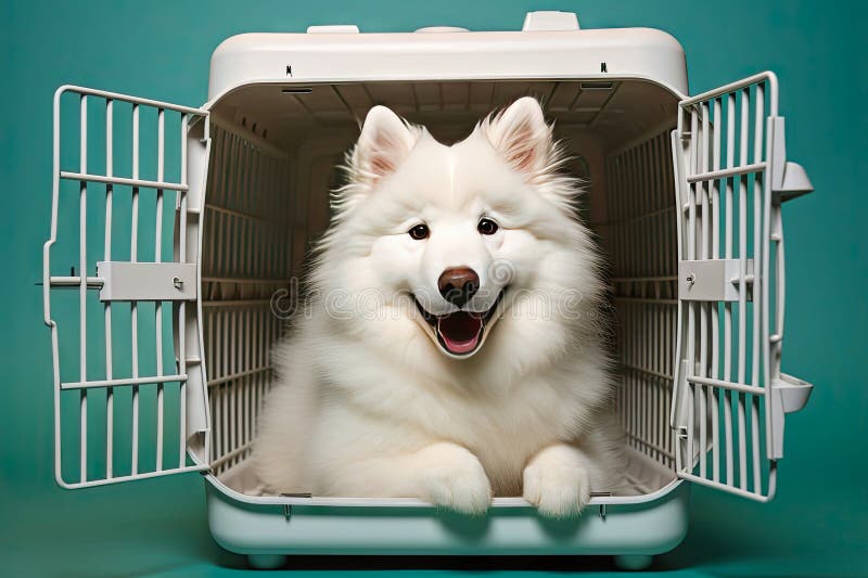 Samoyed Dog Inside Dog Crate Stock Photo - Image of care, friend: 308979960
