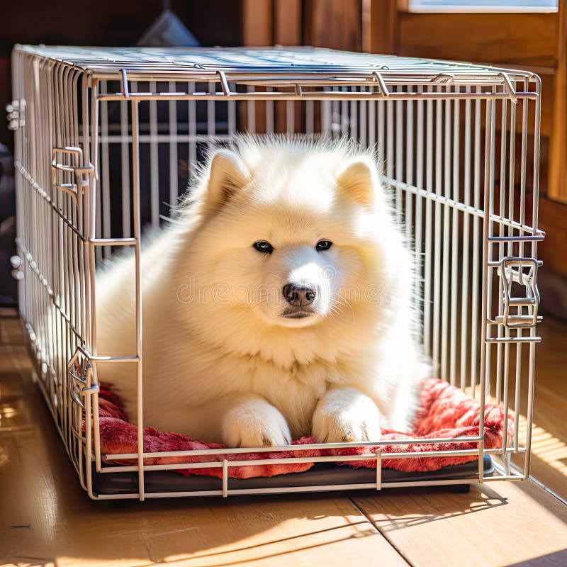 Samoyed Dog Inside Dog Crate Stock Photo - Image of carry, trip: 313497426