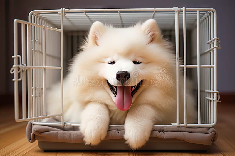 Samoyed Dog Inside Dog Crate Stock Image - Image of indoors, safety ...
