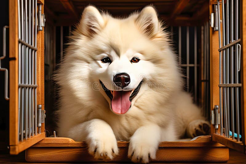 Samoyed Dog Inside Dog Crate Stock Photo - Image of inside, kennel ...