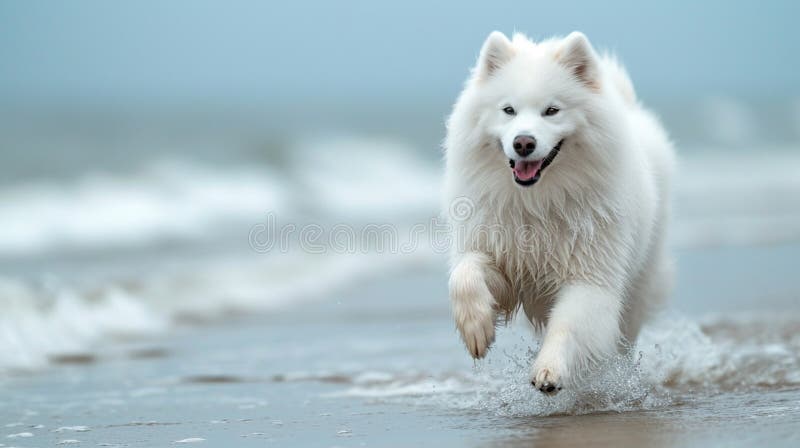 Samoyed Dog Running on Sea. Concept about Animals and Nature Stock ...