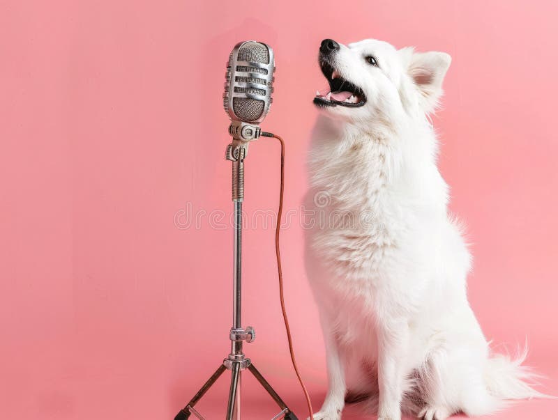Samoyed Dog Sings into a Microphone on a Pink Background. Artificial ...