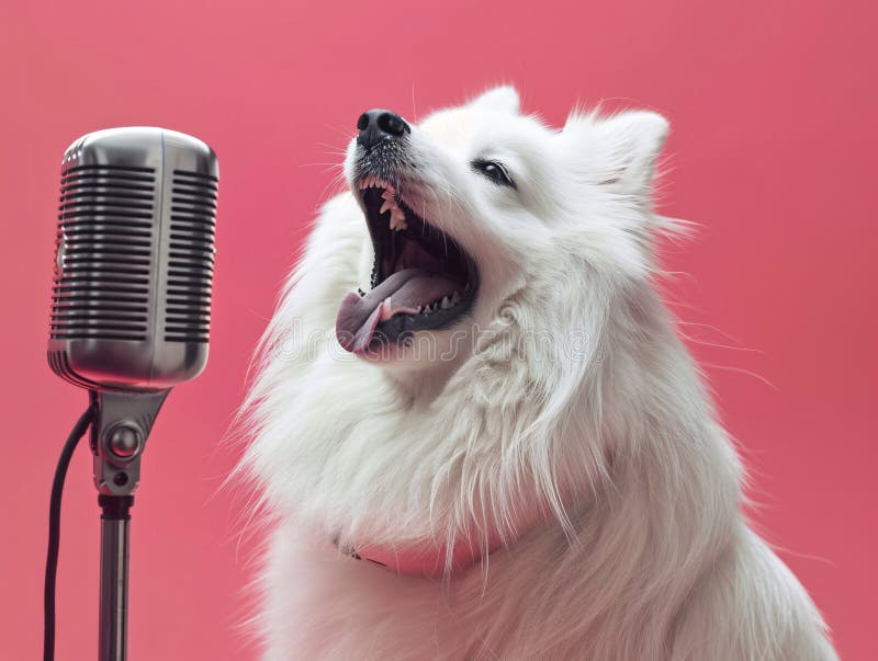 Samoyed Dog Sings into a Microphone on a Pink Background. Artificial ...