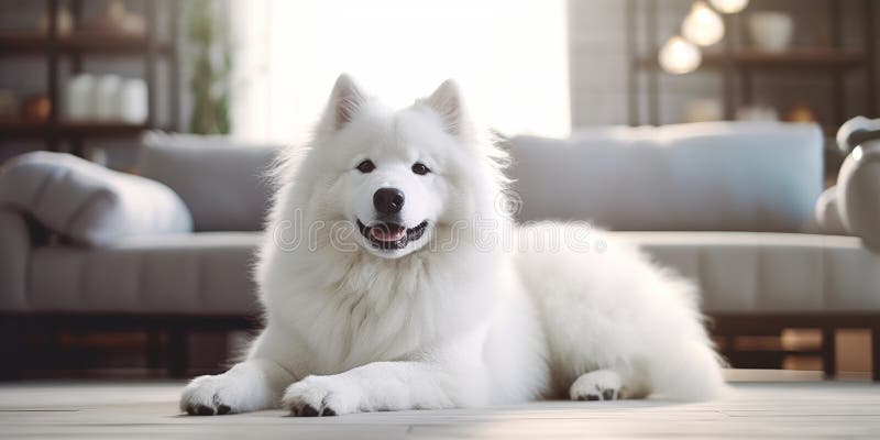 Samoyed Dog Sit on Sofa Generative AI Stock Illustration - Illustration ...