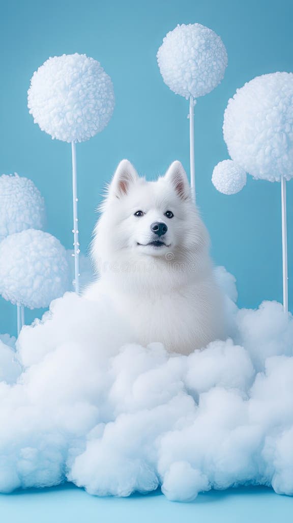 A Samoyed Dressed As a Fluffy White Cloud, Surrounded by Light Blue ...