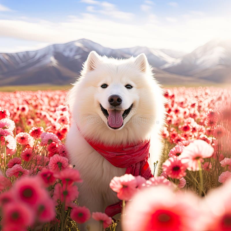 Samoyed Female Dog in a Poppy Field Stock Image - Image of grass ...