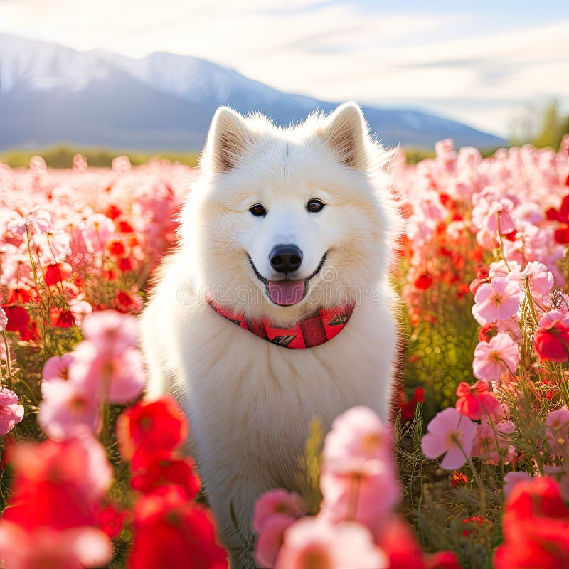 Samoyed Female Dog in a Poppy Field Stock Image - Image of grass ...