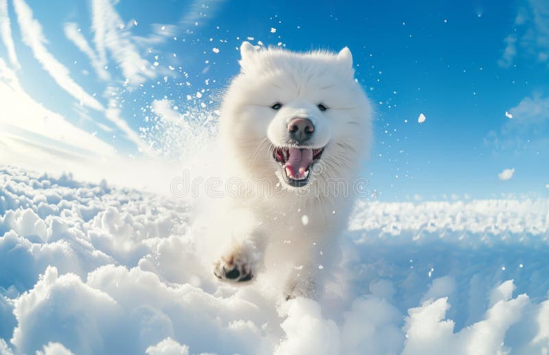 Samoyed Running Joyfully through Snow with a Bright Blue Sky Background ...