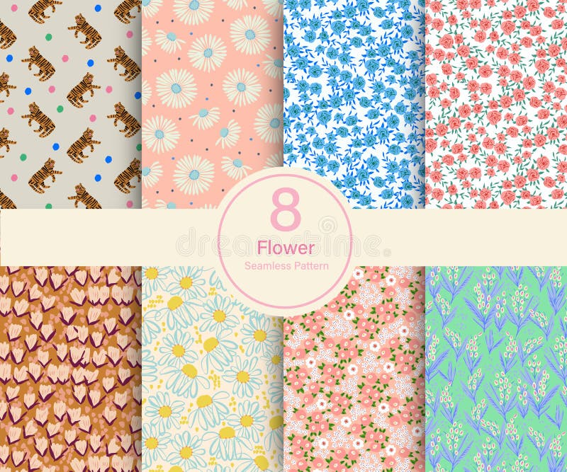 Vector Flower Botanical Theme Illustration 8 Kinds Repeat Pattern ...