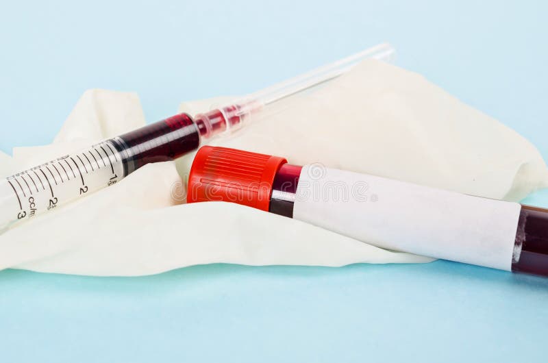 Sample Blood for Screening Test and Syringe on Glove. Stock Image ...