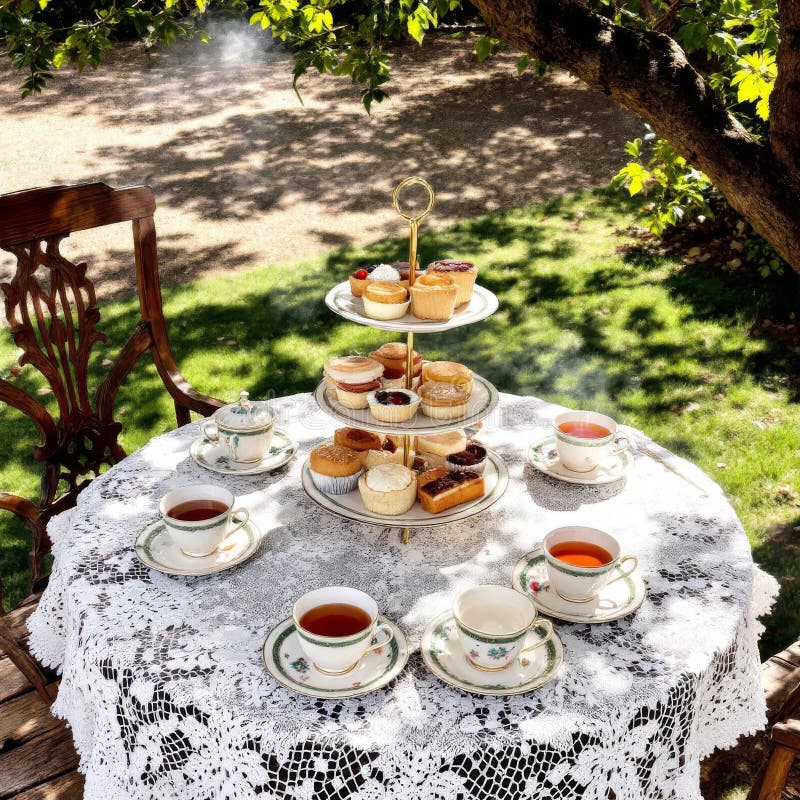 Afternoon Tea in a Lush Garden with Tiered Pastries, AI-Generated Stock ...