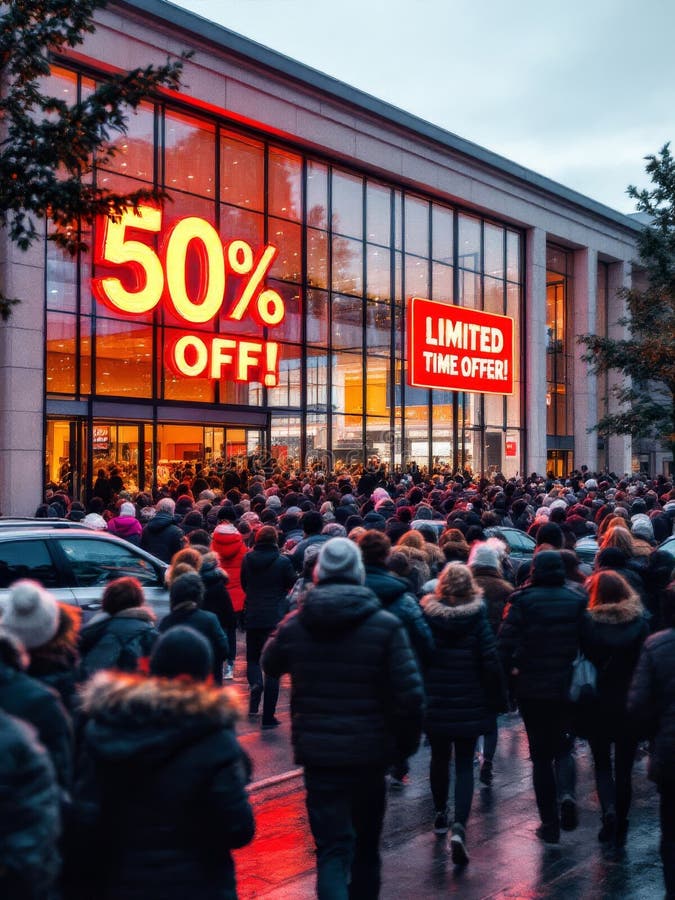 Black Friday Crowd Outside Store with Sale Signs, AI-Generated Stock ...