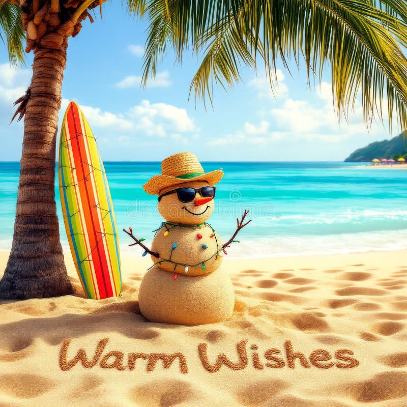 Tropical Holiday Sandman with Surfboard and Warm Wishes, Holiday ...