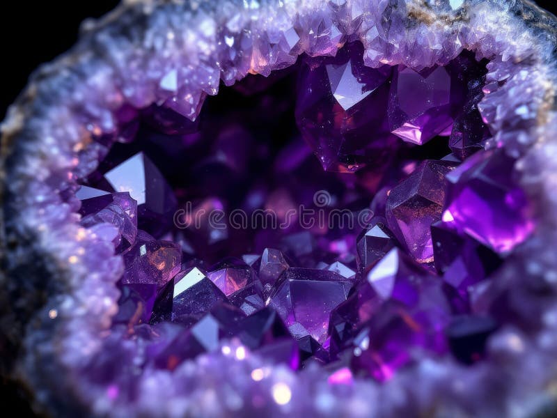 Close-up of a Geode with Purple Amethyst Crystals on a Dark Background ...