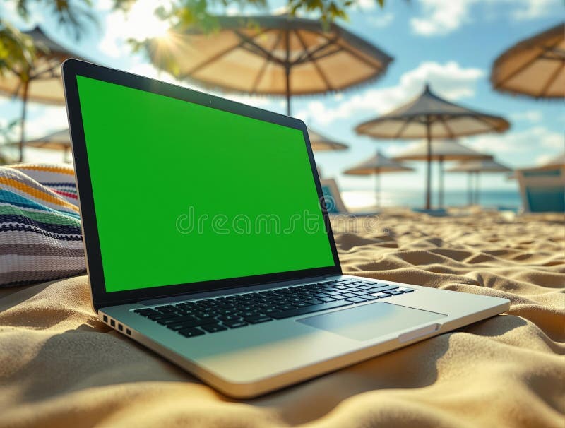 Laptop with Green Screen on Sandy Beach Under Umbrellas, Mockup ...