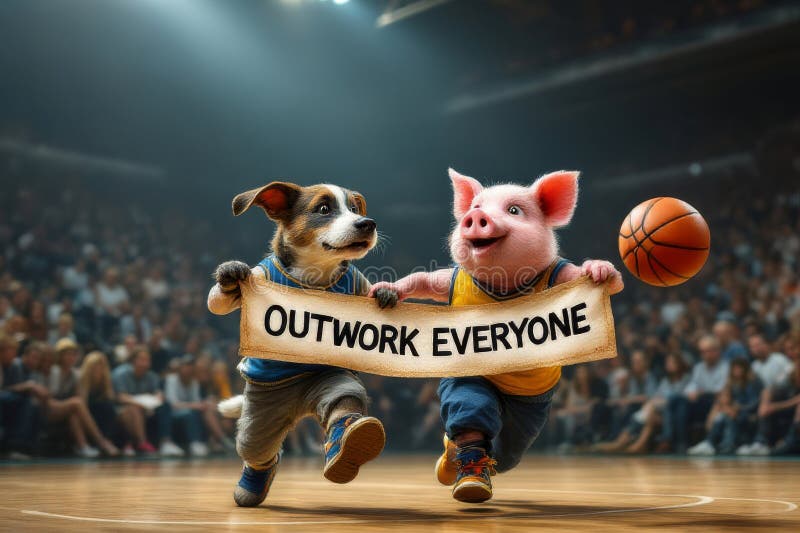 A Dog and a Pig in a Basketball Match, Holding a Banner that Says ...