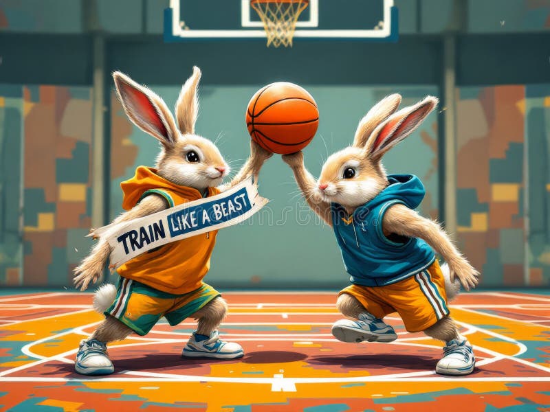 Two Rabbits Playing Basketball, Their Banner Says "Train Like a Beast ...
