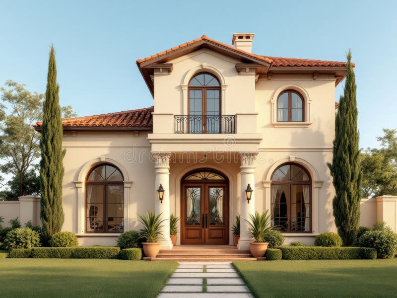 3D Rendered of Beautiful Mediterranean-style House with Arched Windows ...