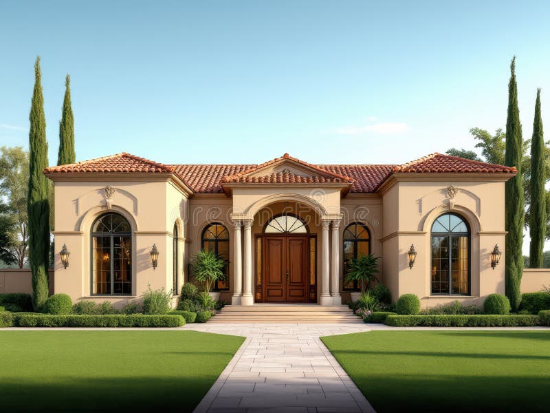 3D Rendered of Beautiful Mediterranean-style House with Arched Windows ...