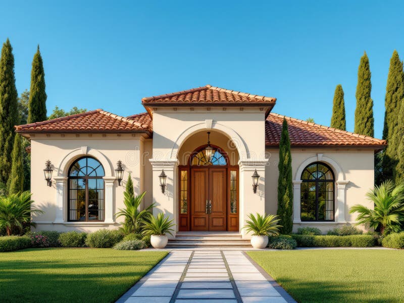 3D Rendered of Beautiful Mediterranean-style House with Arched Windows ...