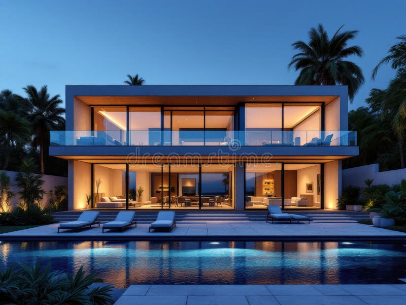 3D Rendered of Modern Luxury Villa with an Infinity Pool, Floor-to ...