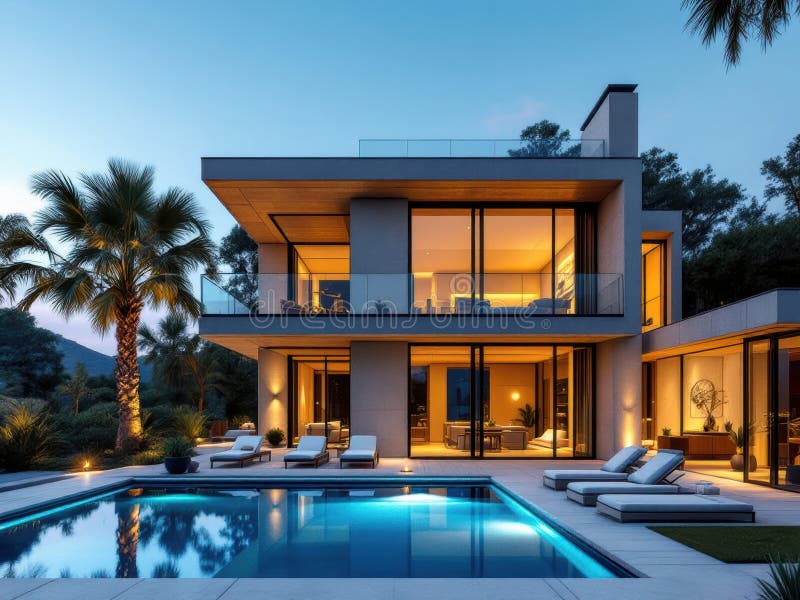 3D Rendered of Modern Luxury Villa with an Infinity Pool, Floor-to ...