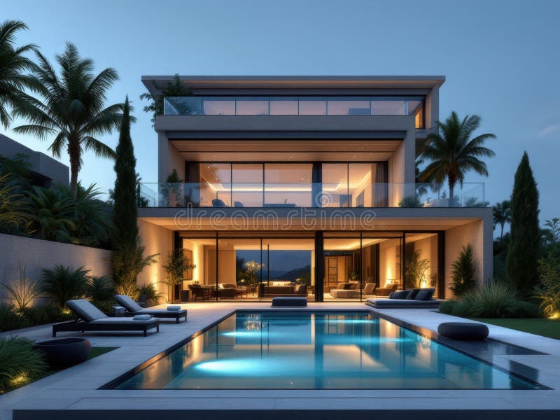 3D Rendered of Modern Luxury Villa with an Infinity Pool, Floor-to ...