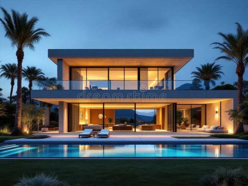 3D Rendered of Modern Luxury Villa with an Infinity Pool, Floor-to ...