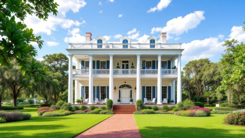 3D Rendered of Elegant Southern-style Mansion with Grand White Columns ...