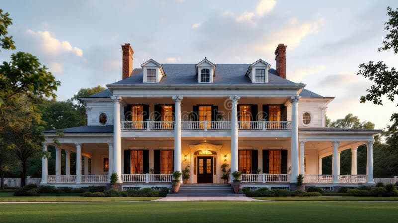 3D Rendered of Elegant Southern-style Mansion with Grand White Columns ...